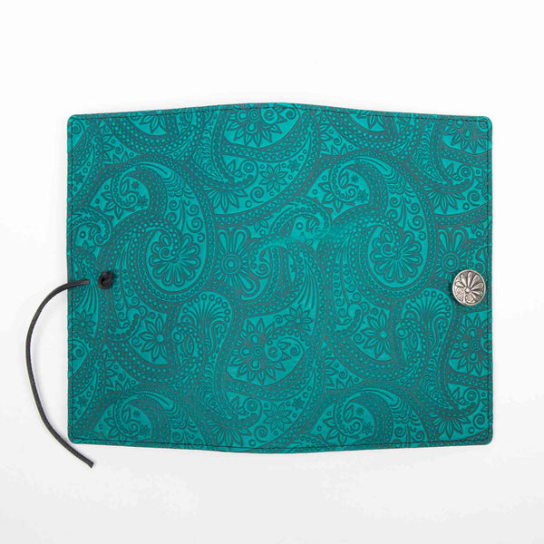 SECOND, Large Leather Notebook Cover, Paisley in Teal - Oberon Design