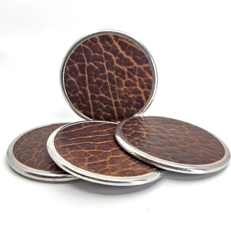 Premium Leather & Metal Coasters, Bison, Handmade in the USA, Set of 4 ...