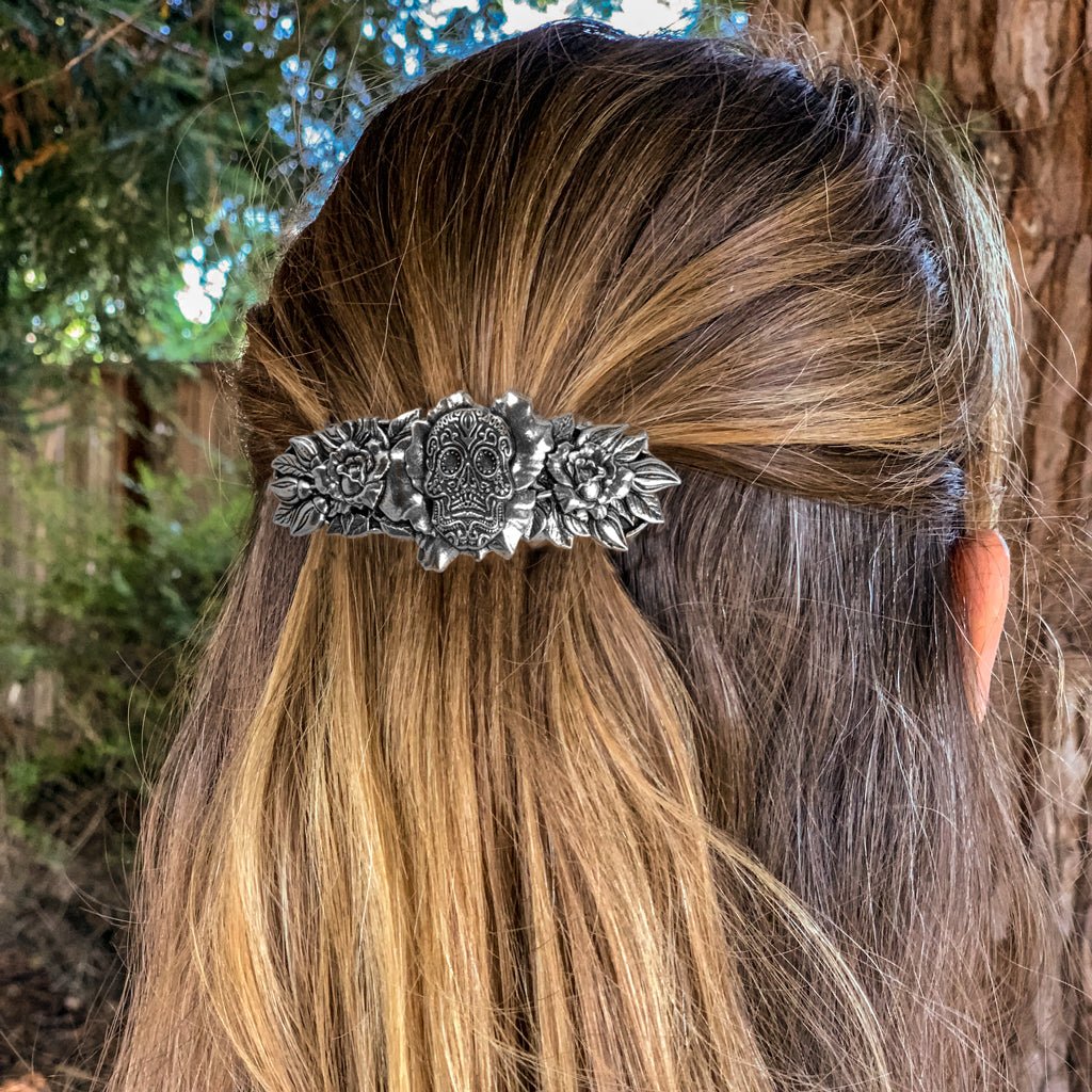 Oberon Design Hair Clip, Barrette, Hair Accessory, Sugar Skull, 80mm